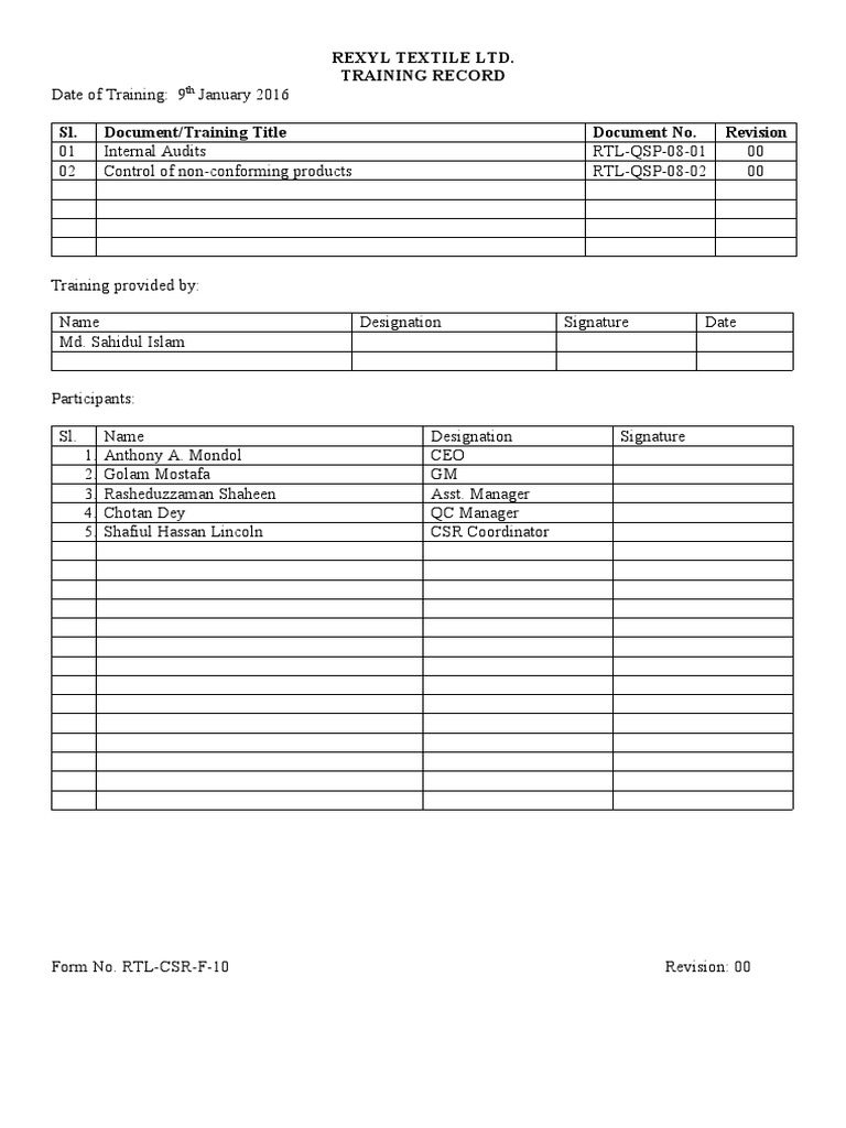 09.01.2016 - RTL-CSR-F-10 - Training Record - Internal Audit | PDF