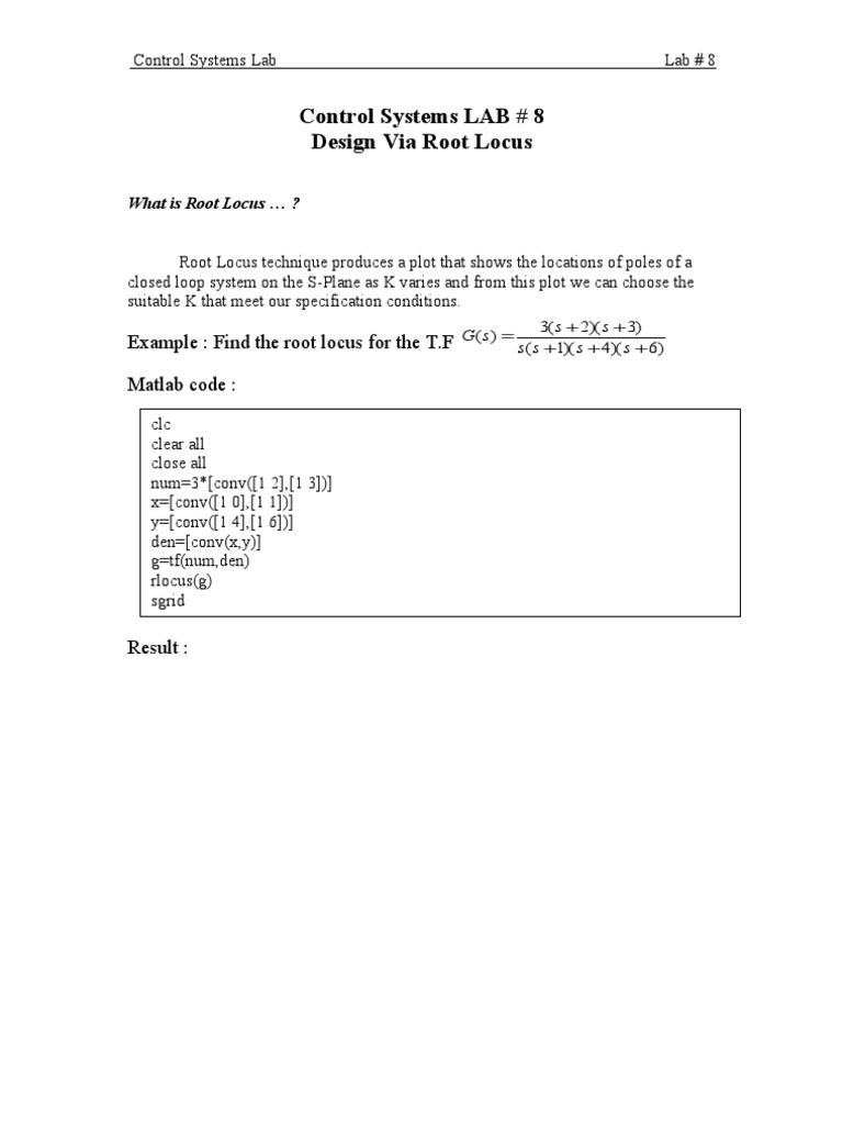Control Systems LAB # 8 Design Via Root Locus: Example: Find The Root ...