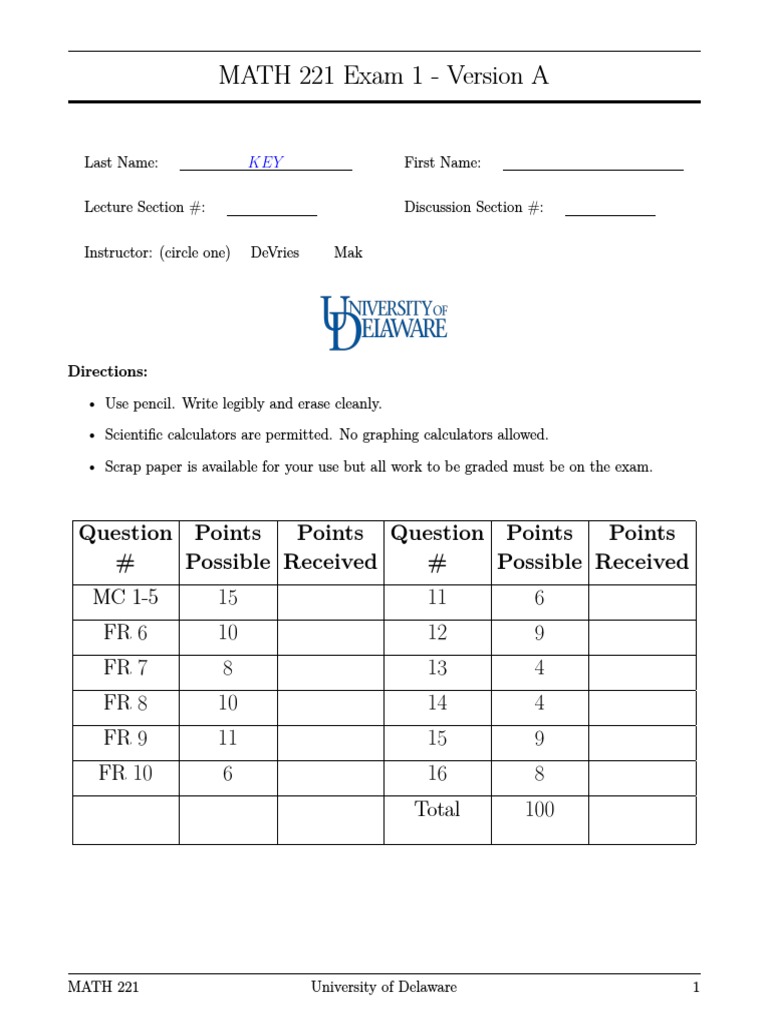 MATH 221 Exam 1 - Version A: Points Points Points Points # Possible ...