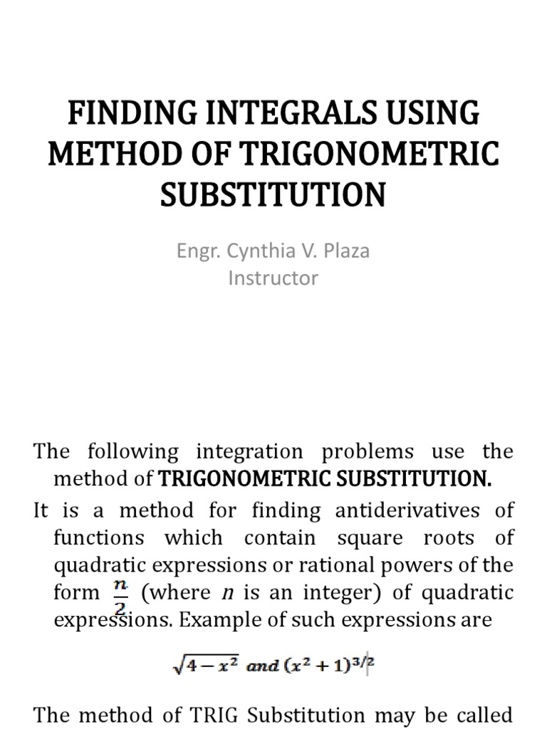 Finding Integrals Using Method of Trigonometric Substitution | PDF ...
