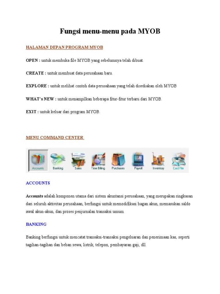Judul yang tepat untuk dokumen tersebut adalah "Panduan Menu Utama Program Akuntansi MYOB | PDF
