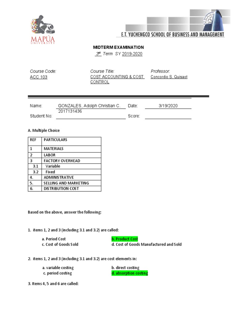 Cost Accounting Midterm Exam 2019-2020 | PDF | Cost Of Goods Sold ...