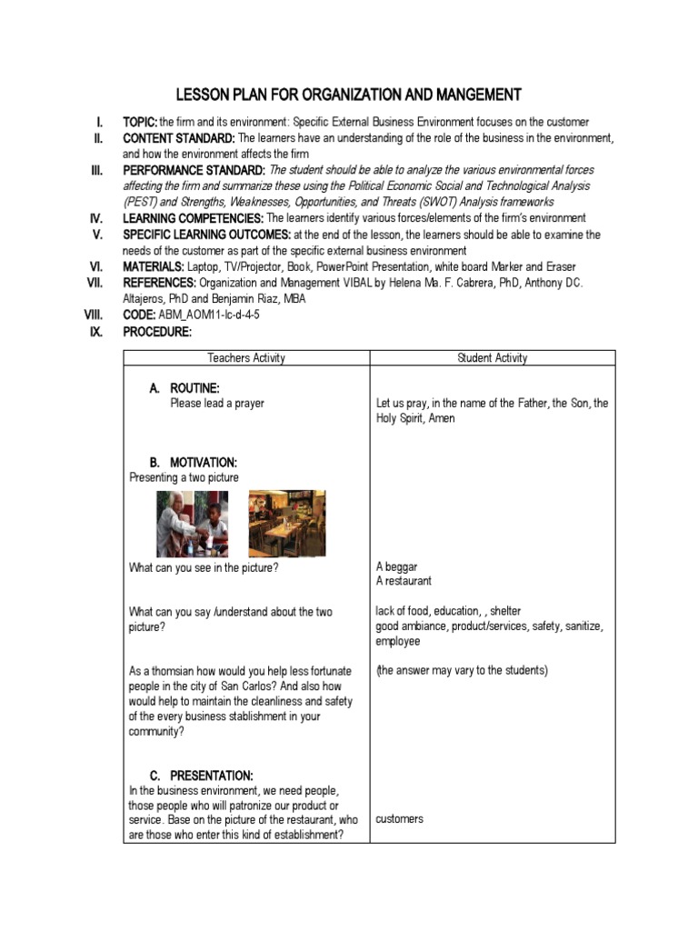Organization and Management Lesson Plan | Download Free PDF | Swot ...