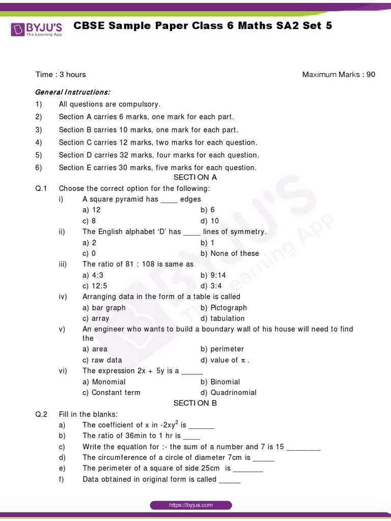 CBSE Sample Paper Class 6 Maths SA2 Set 5: General Instructions ...