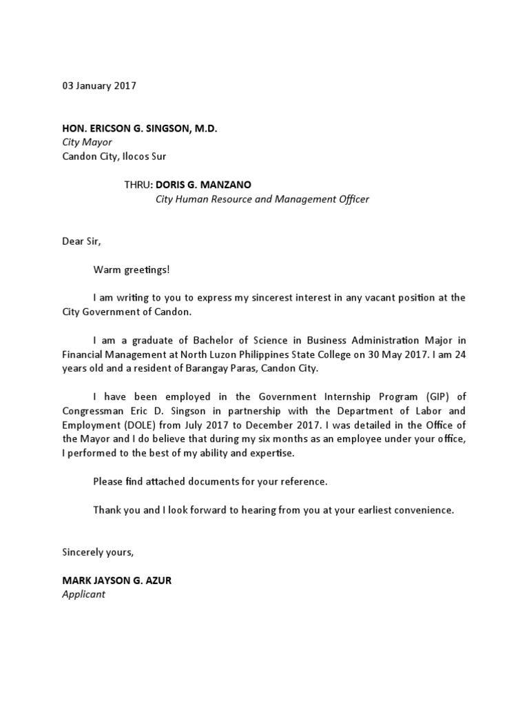 Application Letter - Mark Jayson Azur | PDF