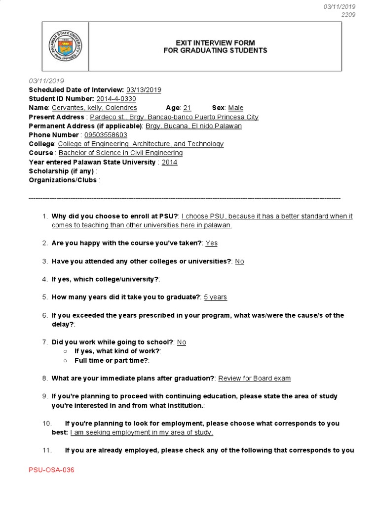 Exit Interview Graduating - 2209 | PDF | Cognition | Behavior Modification