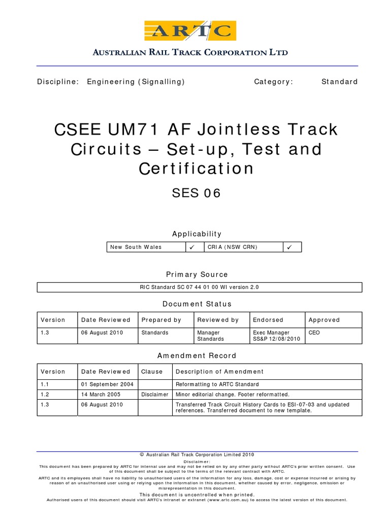 CSEE UM71 AF Jointless Track Circuits - Set-Up, Test and Certification ...