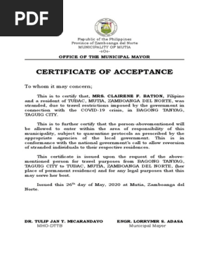 Certificate Of Acceptance Template