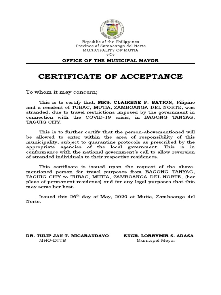 Certificate Of Acceptance Template