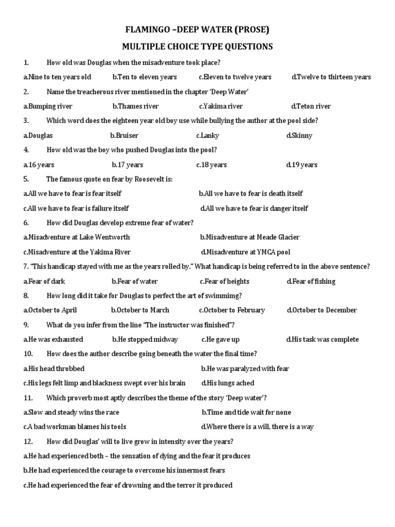Flamingo - Deep Water (Prose) Multiple Choice Type Questions | PDF | Swimming