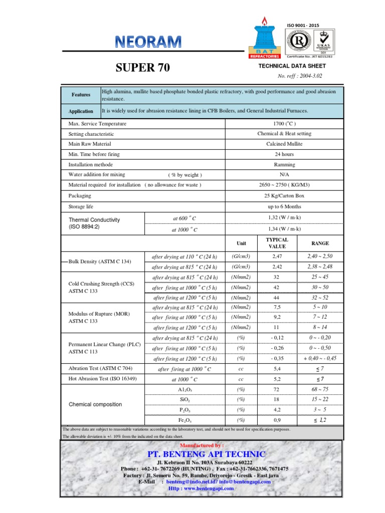 Neoram Super 70 (Ramming Plastic Castable) | PDF | Refractory | Materials