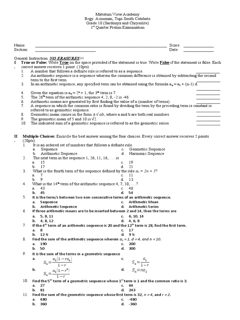 1st Quarter Prelim g10 | PDF | Sequence | Mean