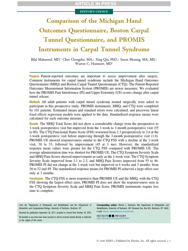 Comparison of The Michigan Hand Outcomes Questionnaire, Boston Carpal ...