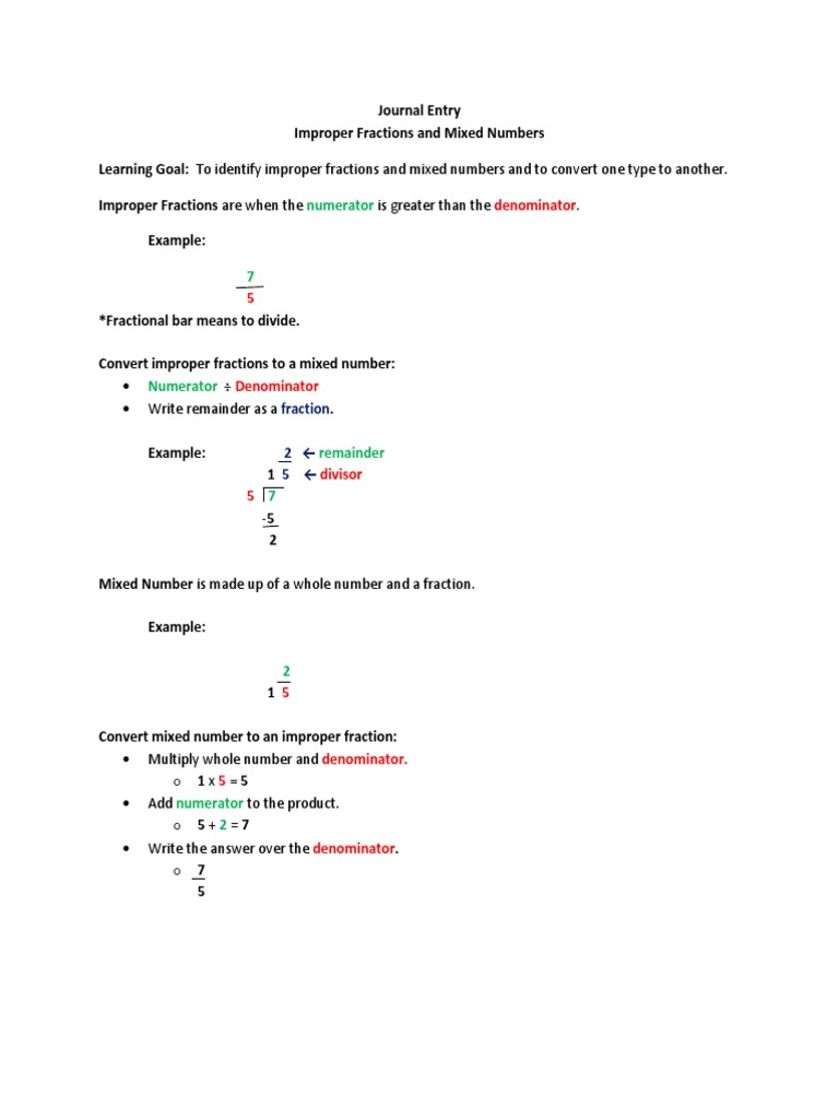 Converting Improper Fractions & Mixed Numbers | PDF