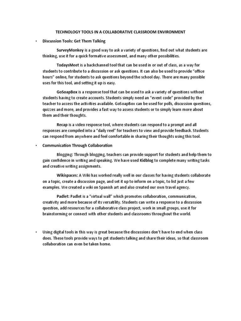 Technology Tools In A Collaborative Classroom Environment Pdf