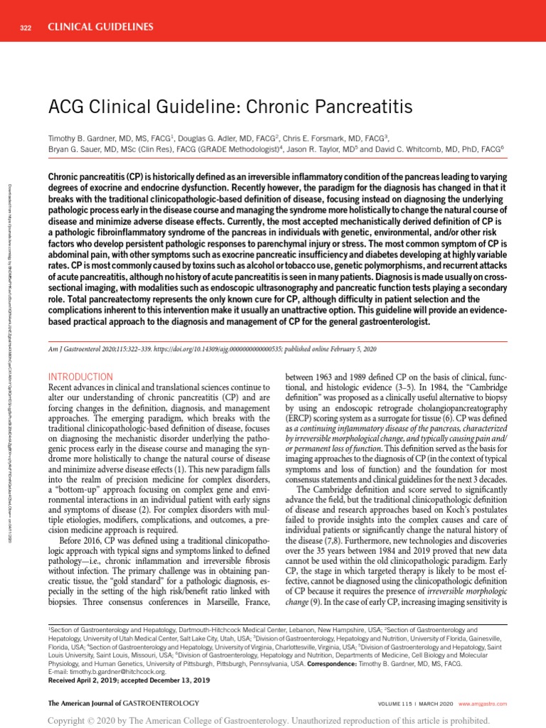 ACG Clinical Guideline: Chronic Pancreatitis | PDF | Pancreas | Medical ...
