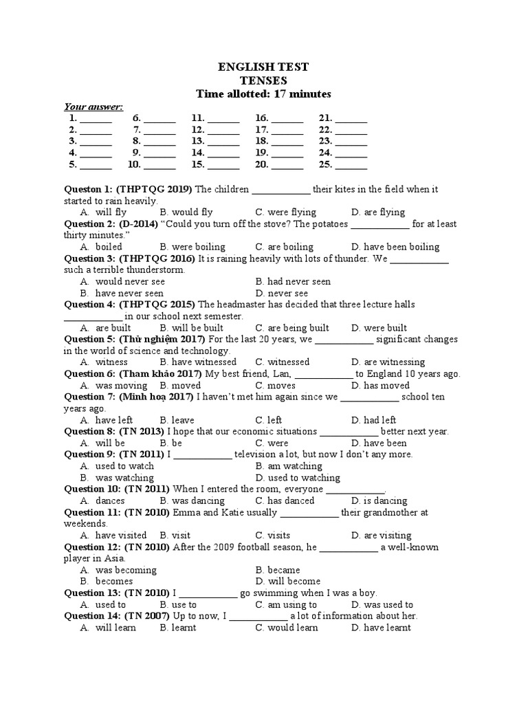 English Test Tenses Time Allotted: 17 Minutes: Your Answer | PDF