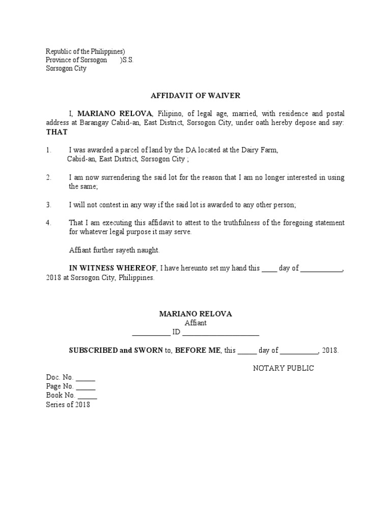 Affidavit of Waiver Urban Poor | PDF