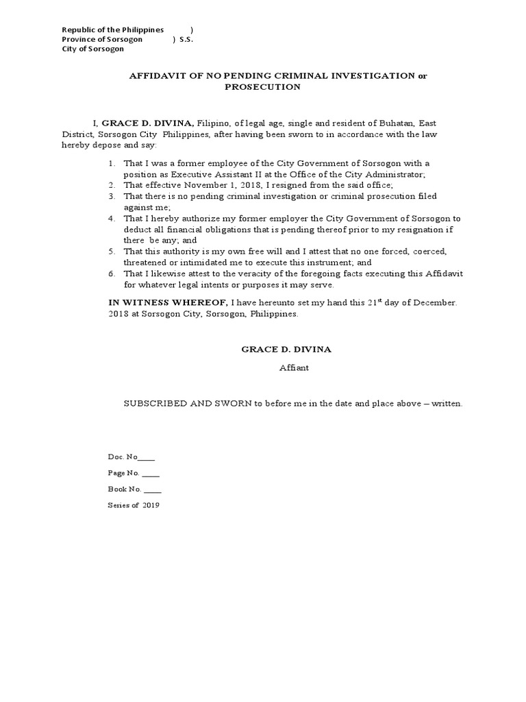 AFFIDAVIT OF NO PENDING CRIMINAL INVESTIGATION or PROSECUTION | PDF