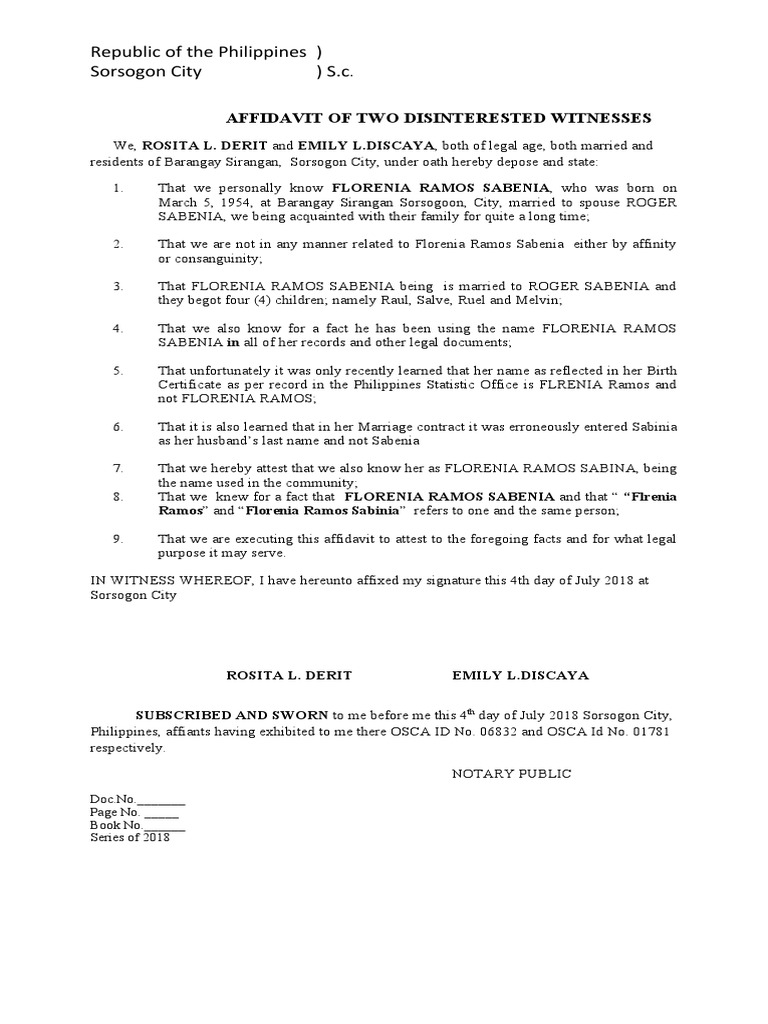 Republic of The Philippines) Sorsogon City) S.C: Affidavit of Two ...