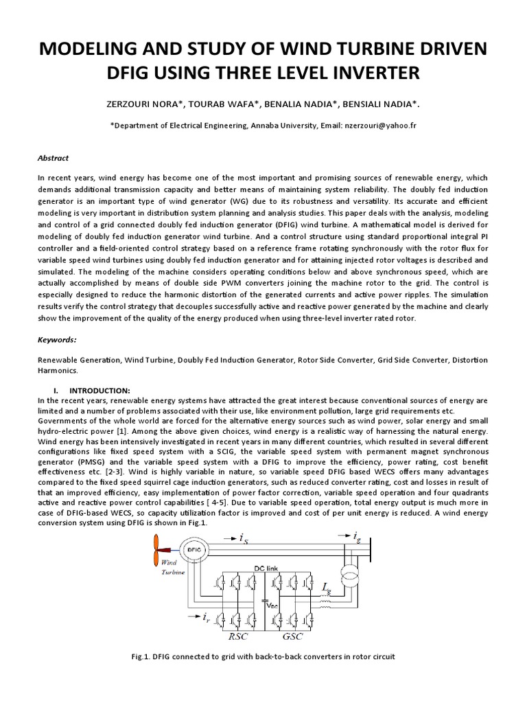 Modeling and Study of Wind Turbine Driven Dfig Using Three Level ...