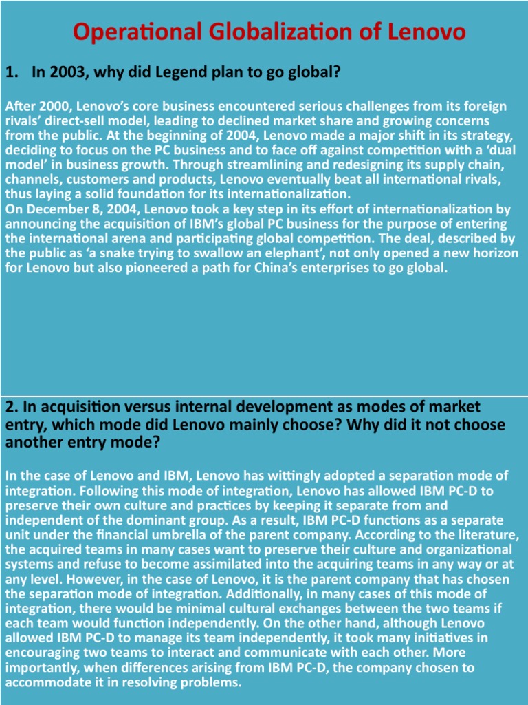 Operational Globalization of Lenovo: 1. in 2003, Why Did Legend Plan To ...