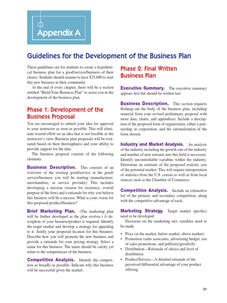 Appendix A: Guidelines For The Development of The Business Plan | PDF ...