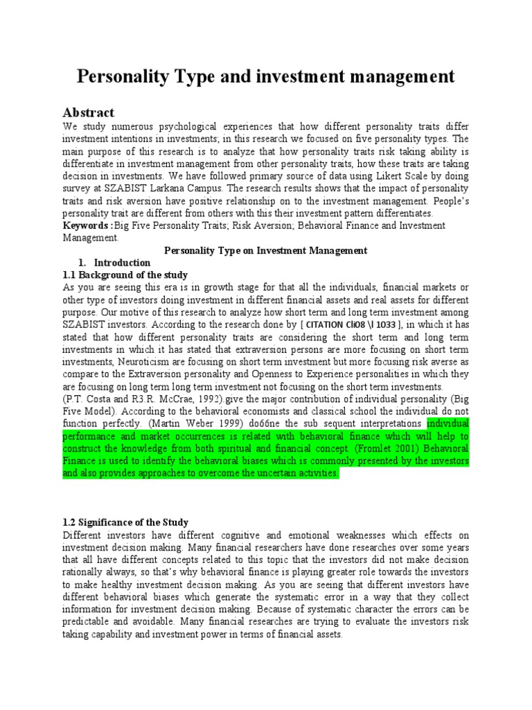 Personality Type and Investment Management | PDF | Correlation And ...