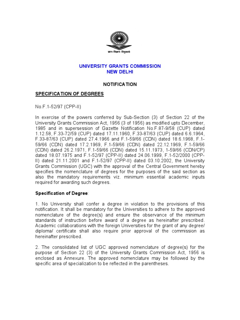 UGC Notification on Specification of Degrees | PDF | Bachelor's Degree ...