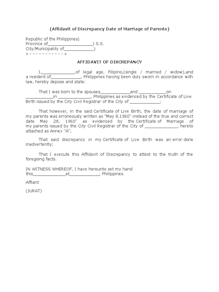 Affidavit of Discrepancy Date of Marriage of | PDF