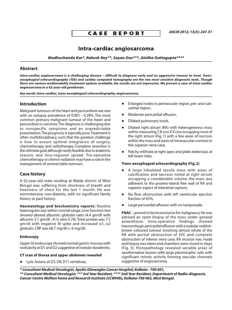 Intra-Cardiac Angiosarcoma: Case Report | PDF | Sarcoma | Heart