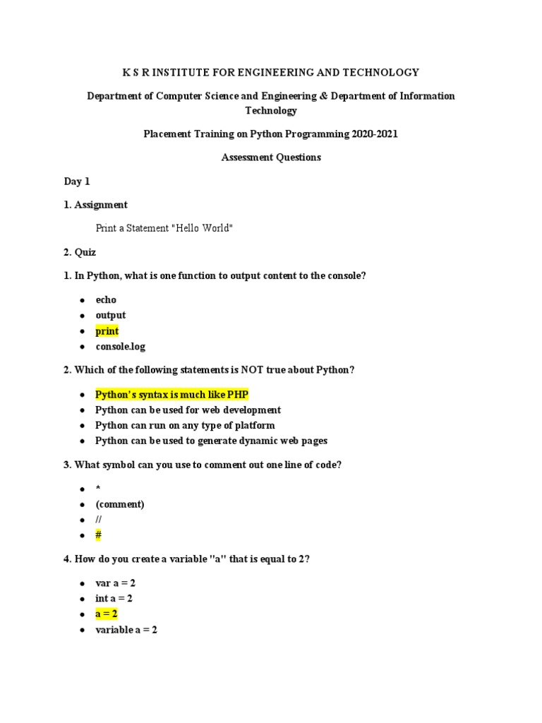 A Comprehensive Guide to Python Programming: Placement Training Questions and Assignments for ...