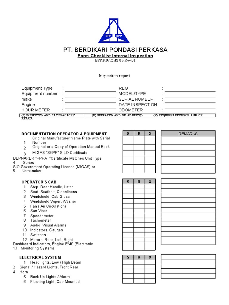 Pt. Berdikari Pondasi Perkasa: Form Checklist Internal Inspection | PDF ...
