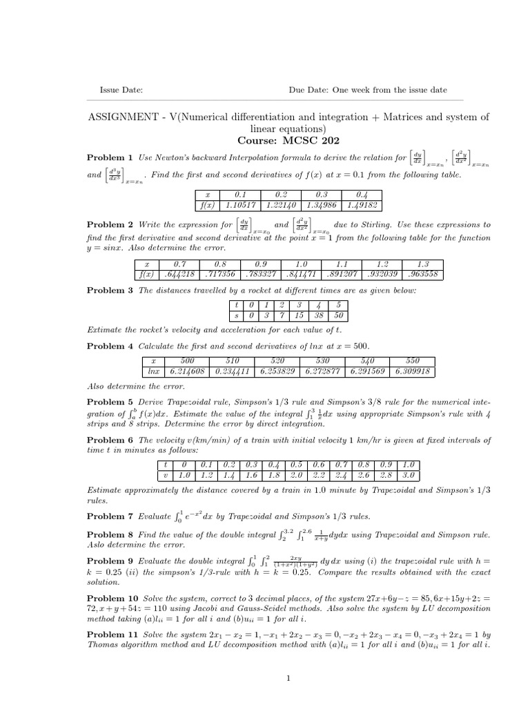 ASSIGNMENT - V (Numerical Differentiation and Integration + Matrices and System of Linear ...