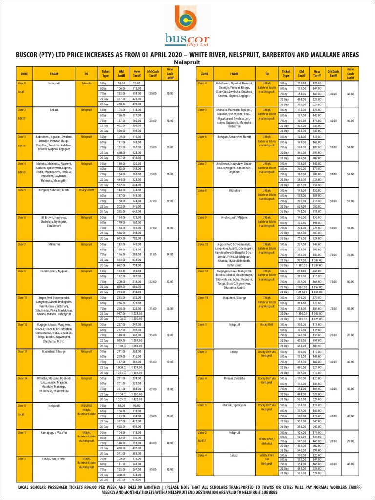 BUSCOR price increases for Nelspruit, White River, Barberton and ...