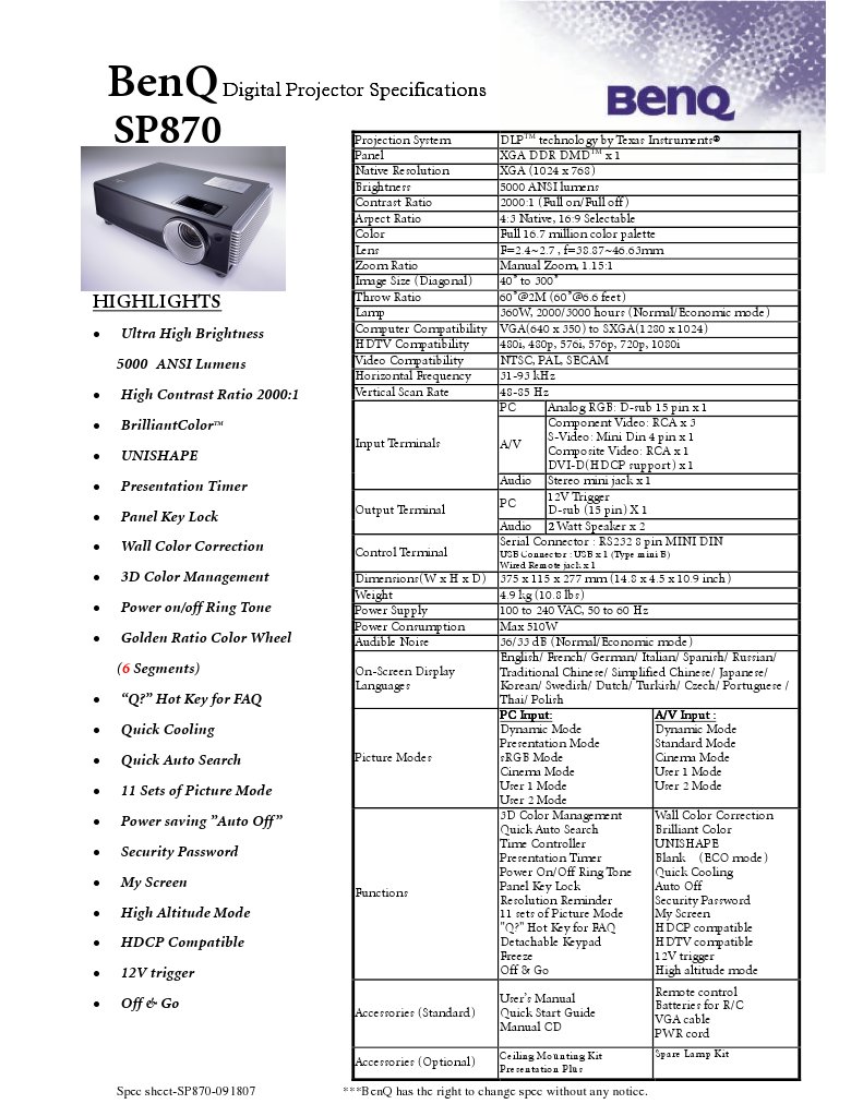 Sp870 Datasheet | PDF | Video | Media Technology