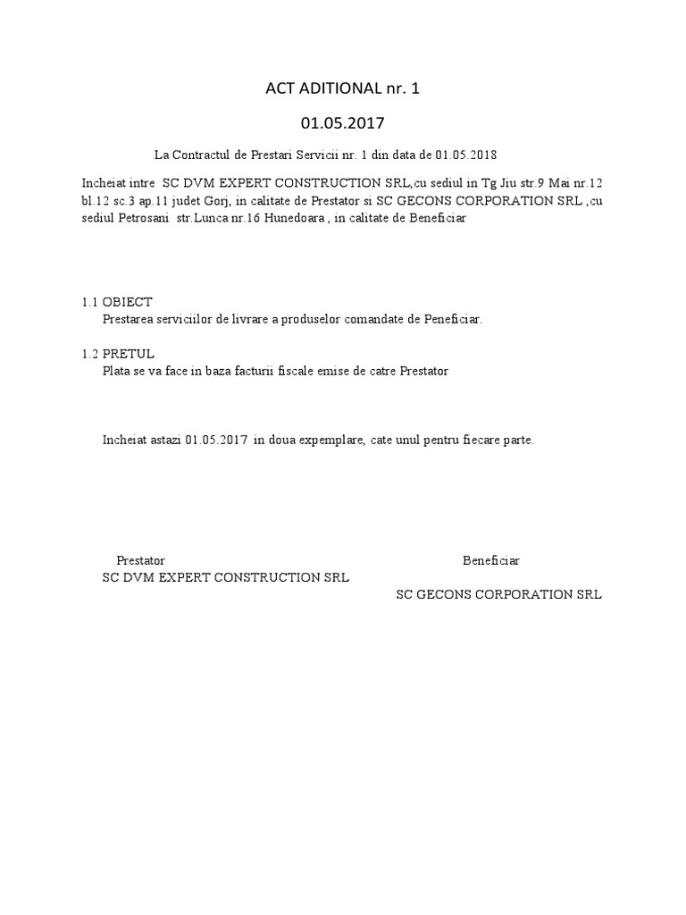 ACT ADITIONAL Contract Prestari Servicii Model | PDF