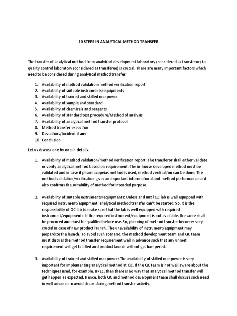 Transfer of Analytical Methods | PDF | Verification And Validation ...