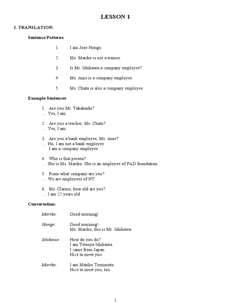 Lesson 1: I. Translation: Sentence Patterns | PDF | Question | Languages