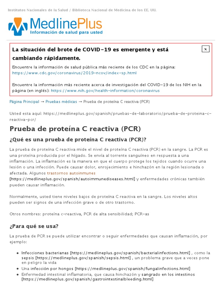 Prueba de Proteína C Reactiva (PCR) : Información en MedlinePlus Sobre ...