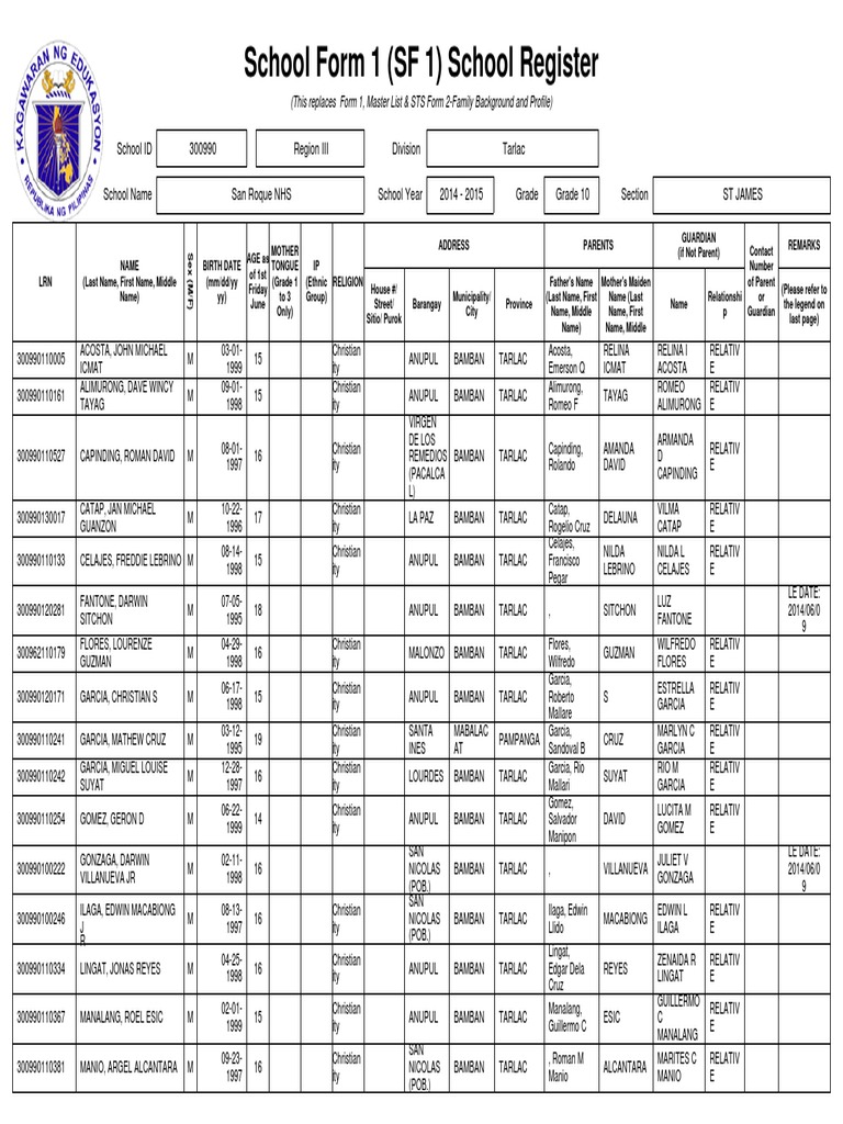 School Register (SF 1 | PDF