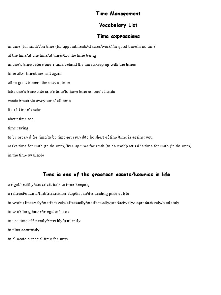 Time Management Vocabulary List Time Expressions | PDF | Work–Life ...