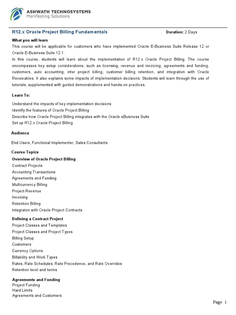 R12.x Oracle Project Billing Fundamentals: Duration: 2 Days What You ...
