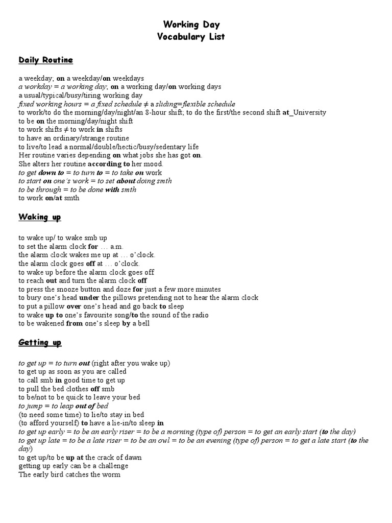 Working Day Vocabulary List: Daily Routine | PDF | Meal | Transport