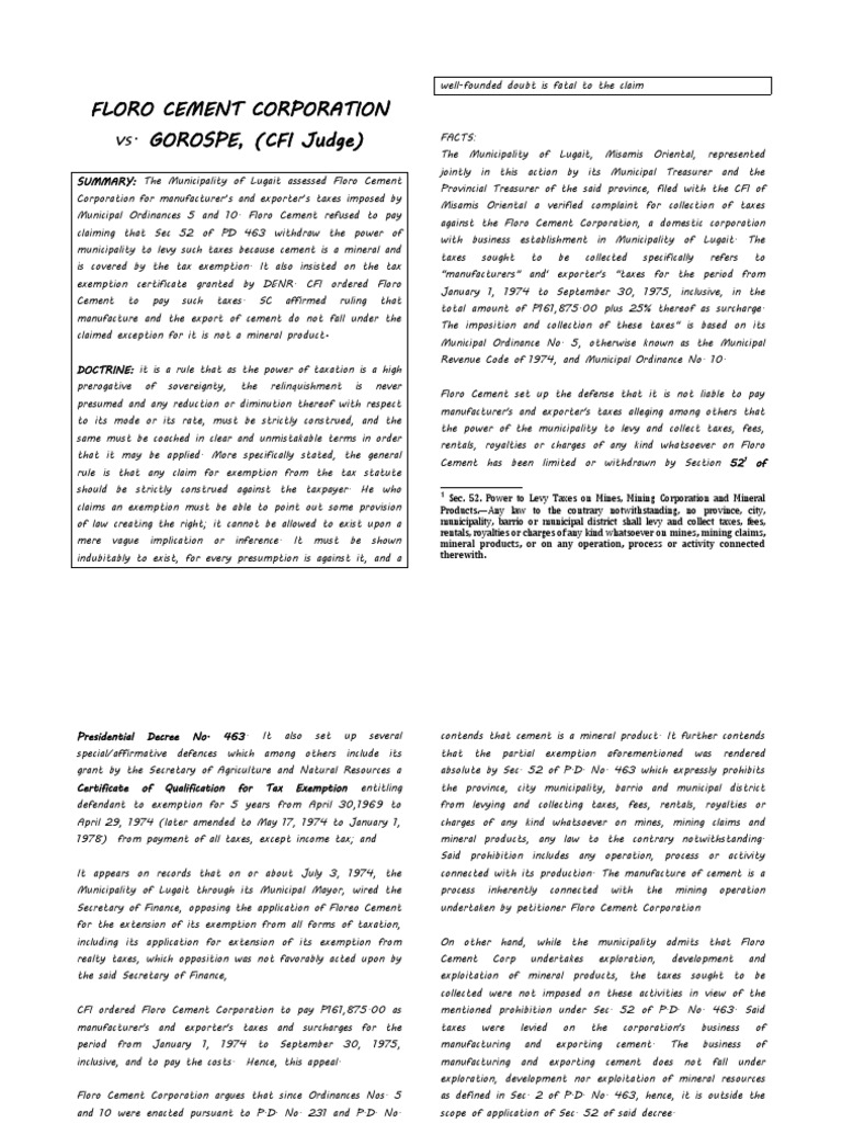 Floro Cement Corporation vs. GOROSPE, (CFI Judge) | PDF | Tax Exemption | Taxes