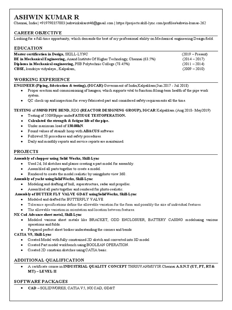 Resume Ashwin Kumar | PDF | Computer Aided Design | Mechanical Engineering