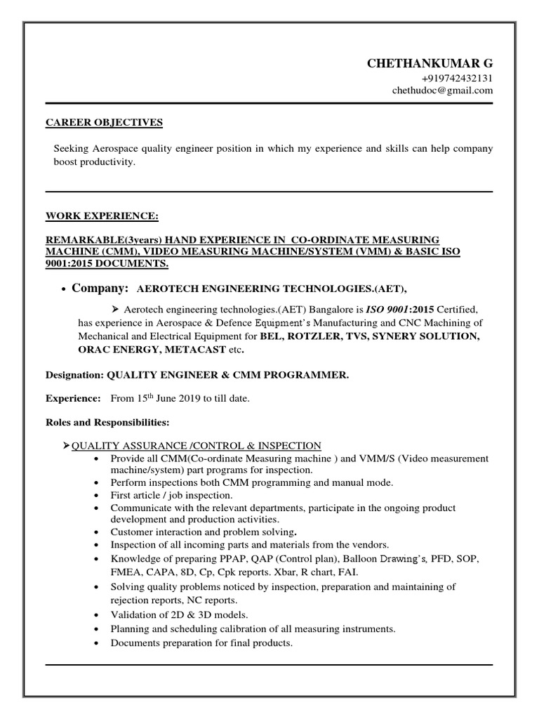 Resume Chethan PDF | Download Free PDF | Gear | Engineering