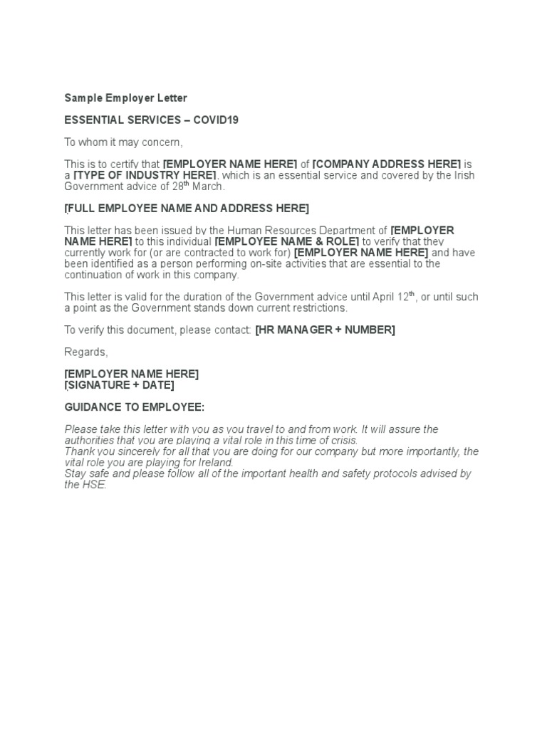 Sample Employer Letter Essential Services - Covid19 | PDF