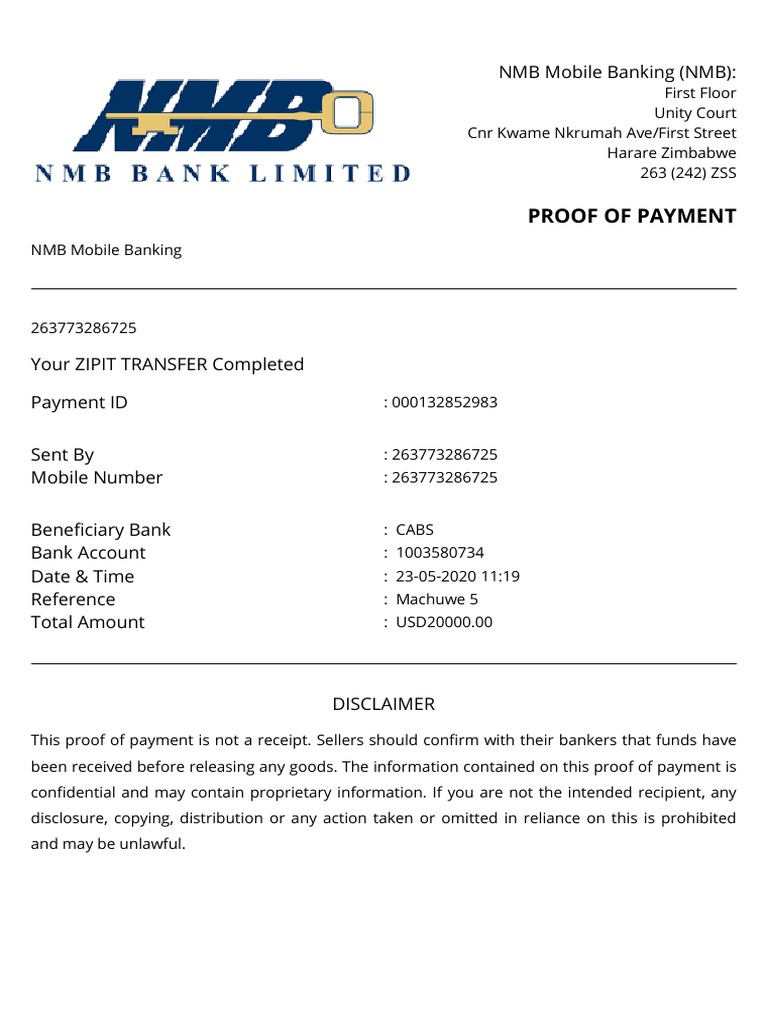 Proof of Payment: NMB Mobile Banking (NMB) | PDF