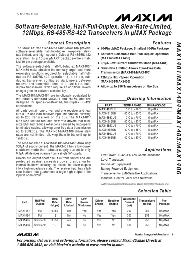 Software-Selectable, Half-/Full-Duplex, Slew-Rate-Limited, 12Mbps, RS ...